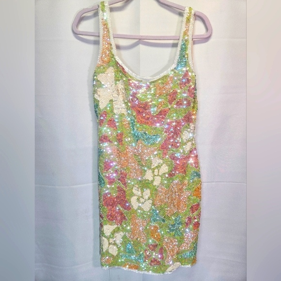 A.J. Bari | Dresses | Aj Bari Multicolor Sequin Floral Silk Mini Dress ...